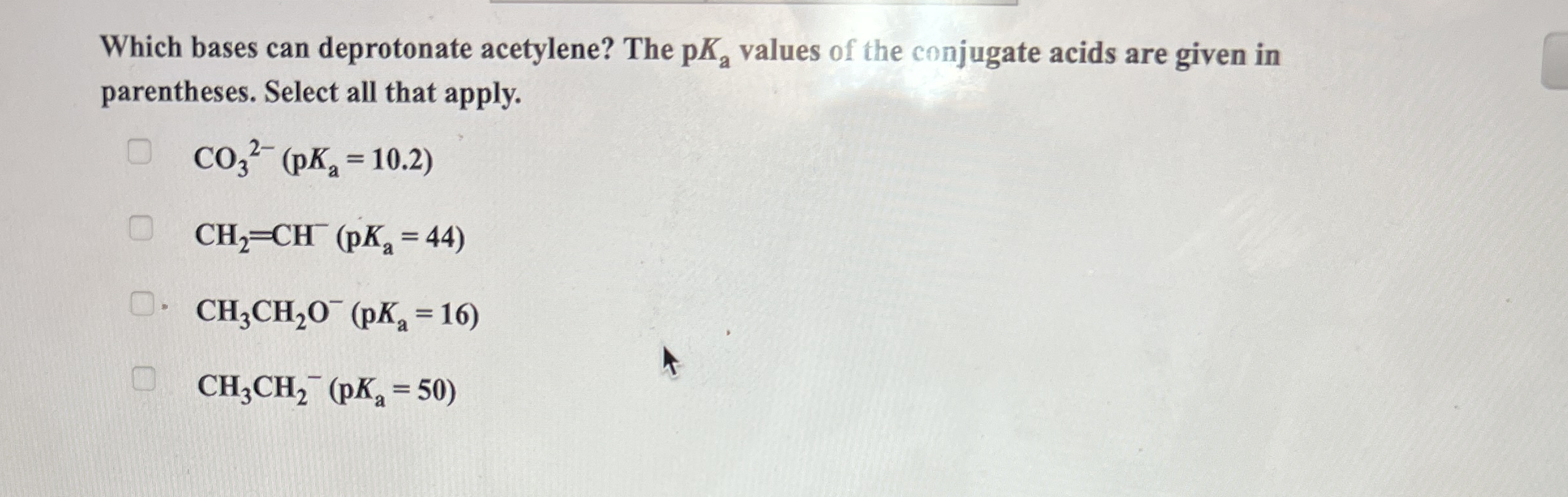 Solved Which bases can deprotonate acetylene? The pKa | Chegg.com