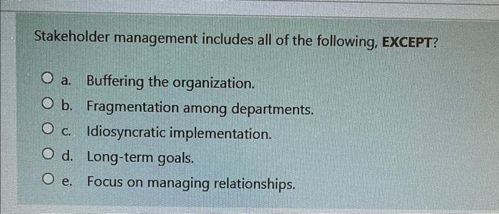 Solved Stakeholder management includes all of the following, | Chegg.com