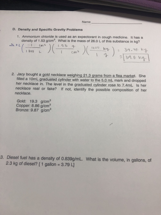 Solved Name D. Density and Specific Gravity Problems 1. | Chegg.com