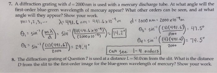Solved 7. A diffraction grating with d=2000 nm is used with | Chegg.com