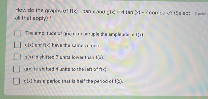 Solved = How do the graphs of f(x) = tan x and g(x) = 4 tan | Chegg.com