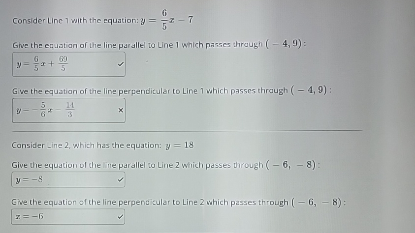 Solved Consider Line 1 ﻿with the equation: y=65x-7Give the | Chegg.com