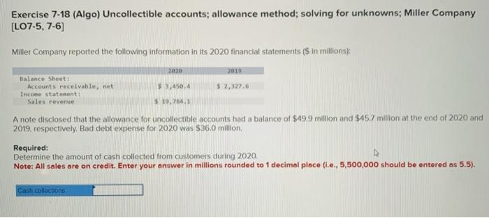 Solved Exercise 7-18 (Algo) Uncollectible accounts; | Chegg.com