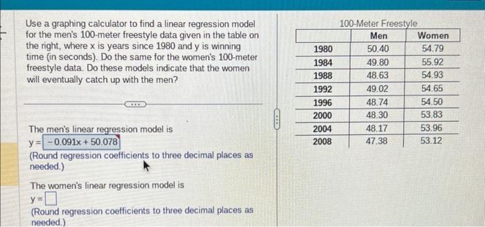 Solved Use a graphing calculator to find a linear regression | Chegg.com