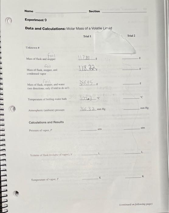Solved Name Section Experiment 9 Data and Calculations: | Chegg.com