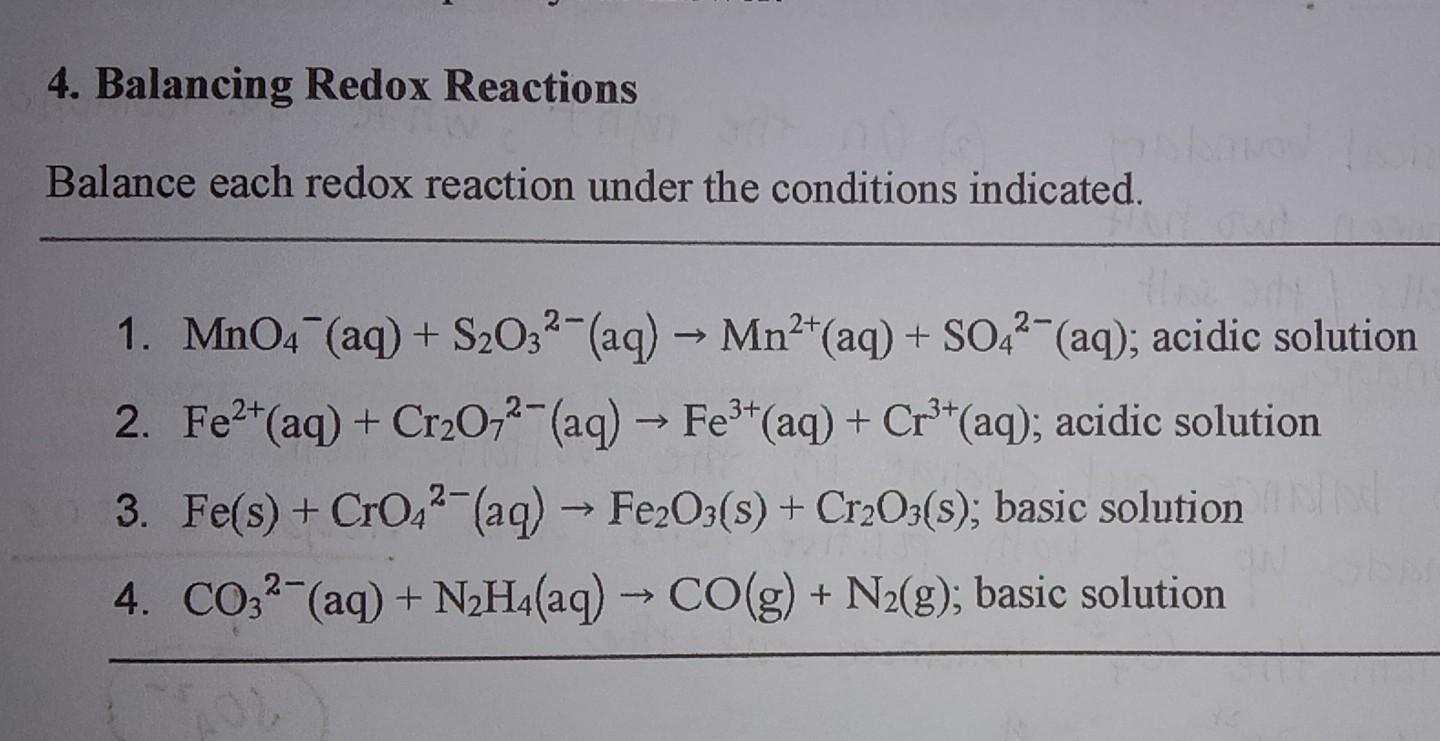 Solved 4. Balancing Redox Reactions Balance each redox | Chegg.com Solved 4. Balancing Redox Reactions Balance each redox | Chegg.com