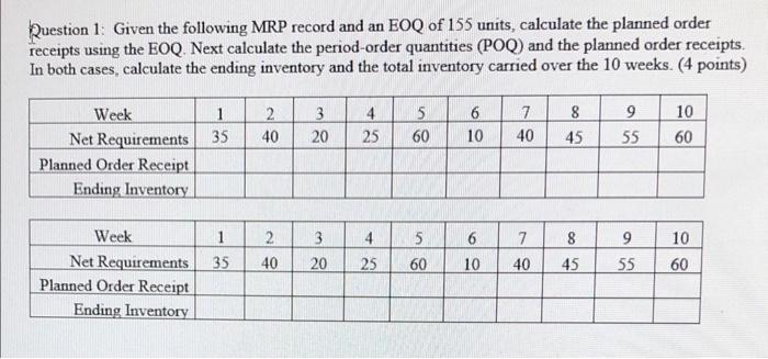 Solved Ruestion 1: Given the following MRP record and an EOQ | Chegg.com