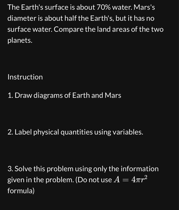 Solved The Earth's surface is about 70% water. Mars's | Chegg.com