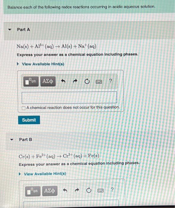 Solved Balance each of the following redox reactions | Chegg.com
