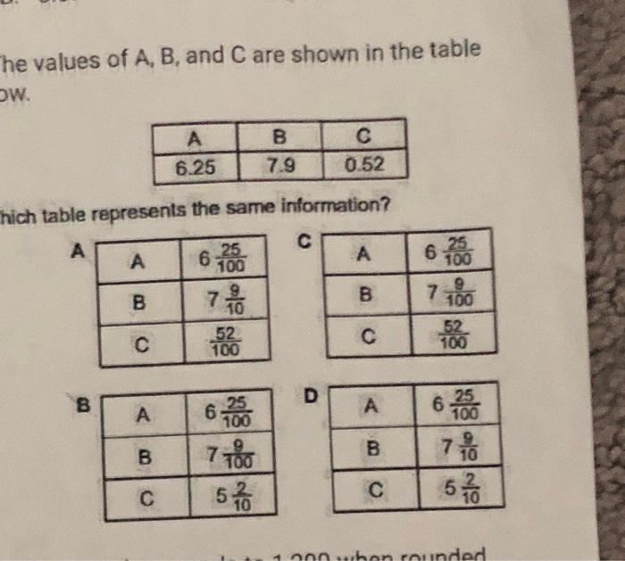 Solved he values of A,B, and C are shown in the table hich | Chegg.com