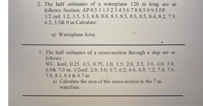 Solved 2. The half ordinates of a waterplane 120 m long are | Chegg.com