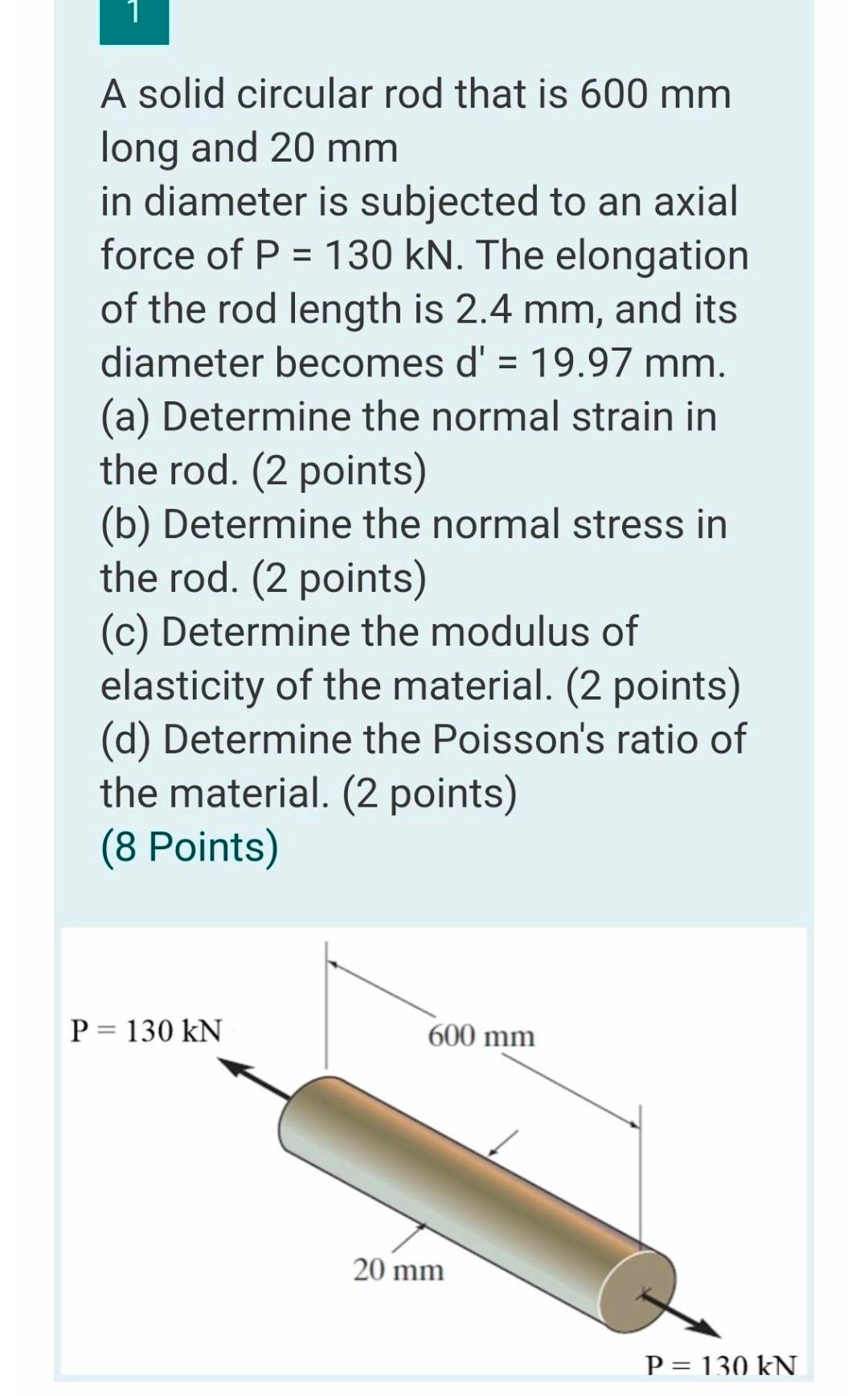 Solved 1 A solid circular rod that is 600 mm long and 20 mm | Chegg.com