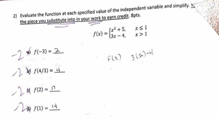 Solved 2) Evaluate the function at each specified value of | Chegg.com