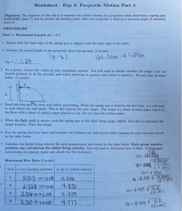 Solved Worksheet - Exp 4: Projectile Motion Part 2 | Chegg.com