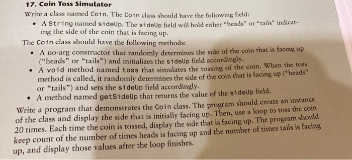 17 Coin Toss Simulator Write A Class Named Coin The 
