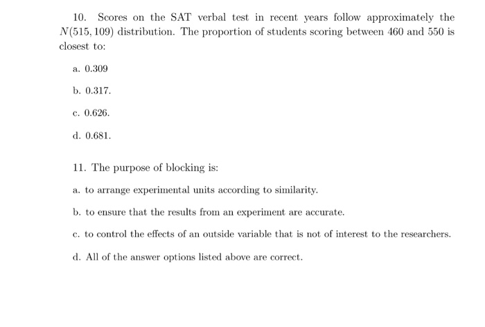 Solved 10. Scores on the SAT verbal test in recent years | Chegg.com