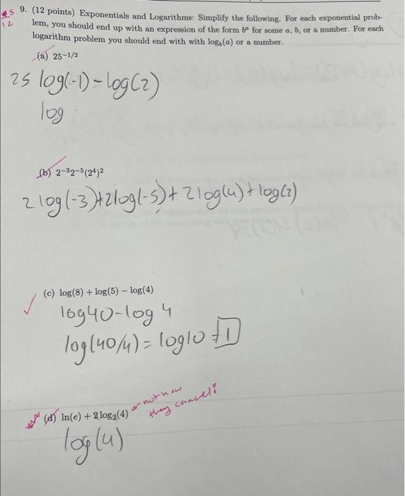 Solved 9. (12 points) Exponentials and Logarithms: Simplify | Chegg.com