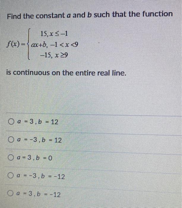 Solved Find the constant a and b such that the function | Chegg.com