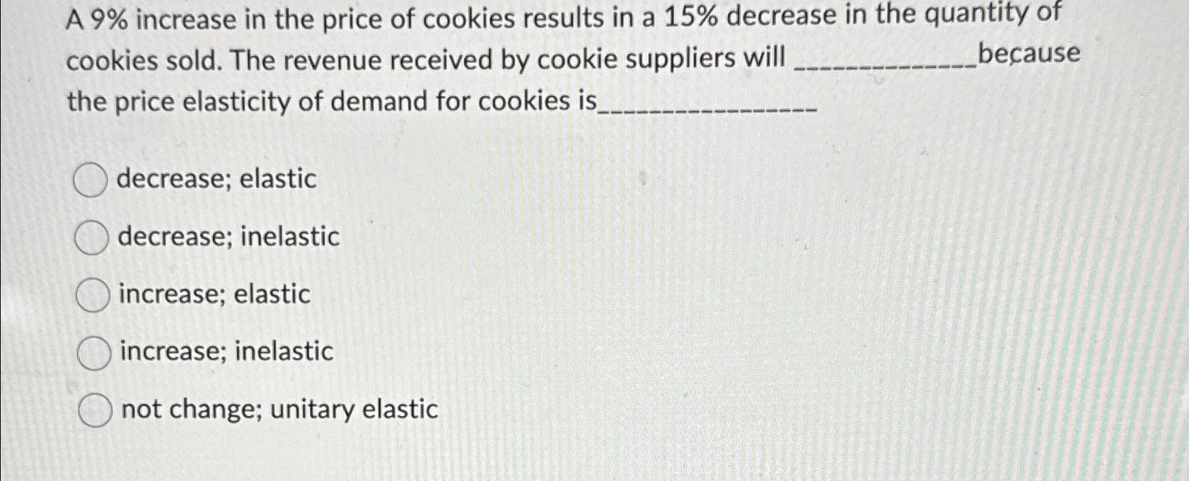 Solved A 9% ﻿increase in the price of cookies results in a | Chegg.com