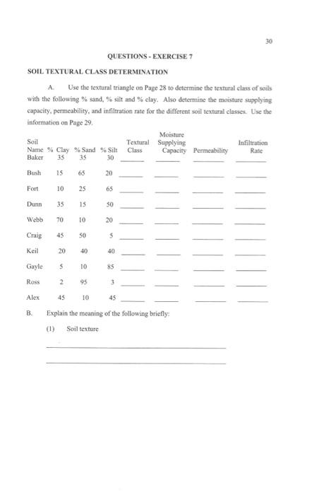 Solved 30 QUESTIONS - EXERCISE 7 SOIL TEXTURAL CLASS | Chegg.com