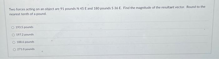 Solved Two forces acting on an object are 91 pounds N45E and | Chegg.com