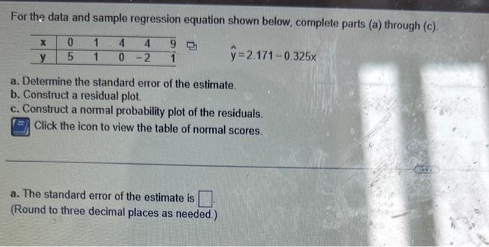 For the data and sample regression equation shown | Chegg.com