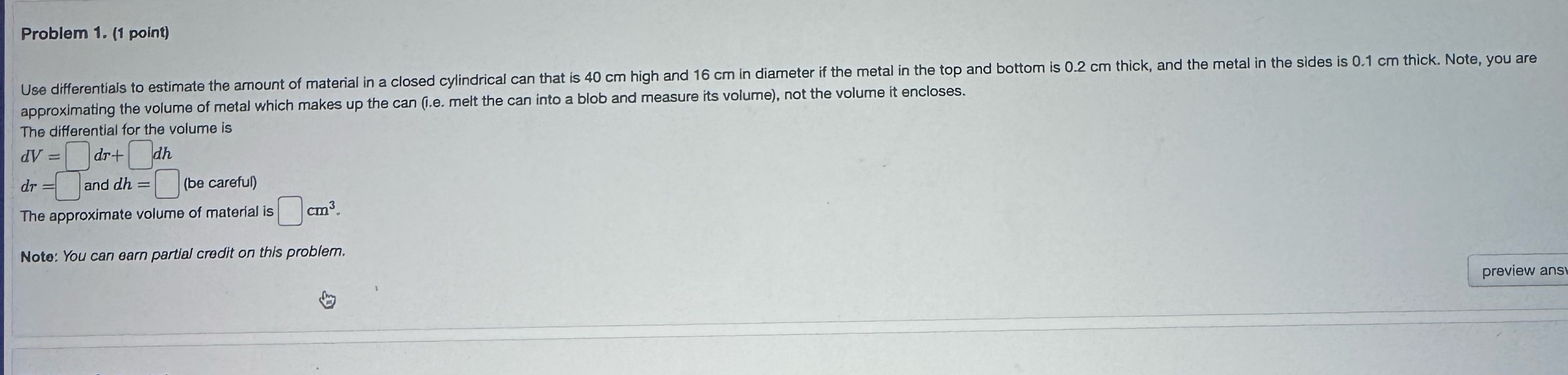 Solved Problem 1. (1 ﻿point) ﻿approximating the volume of | Chegg.com