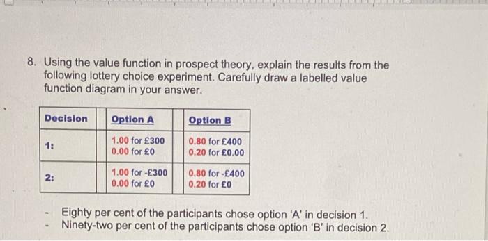 8. Using the value function in prospect theory, | Chegg.com