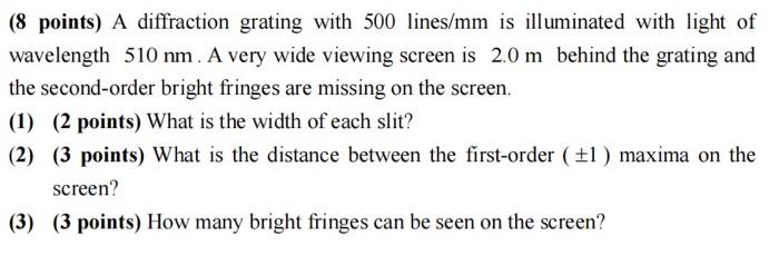 Solved (8 points) A diffraction grating with 500 lines /mm | Chegg.com