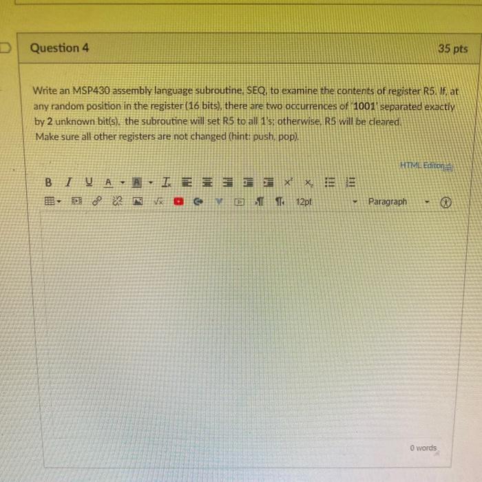 Solved Question 4 35 pts Write an MSP430 assembly language | Chegg.com