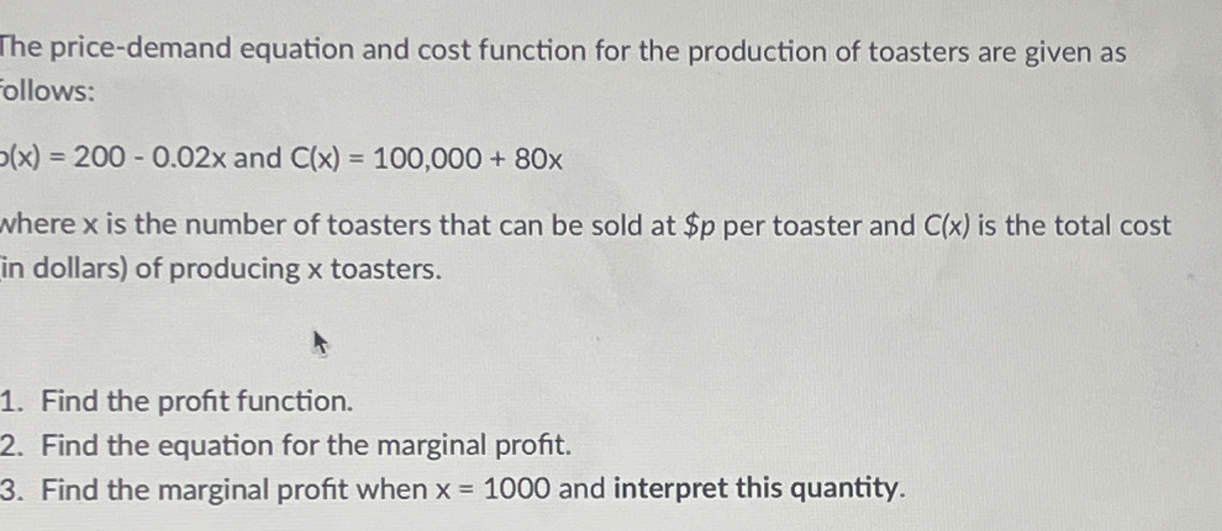 Solved The price-demand equation and cost function for the | Chegg.com