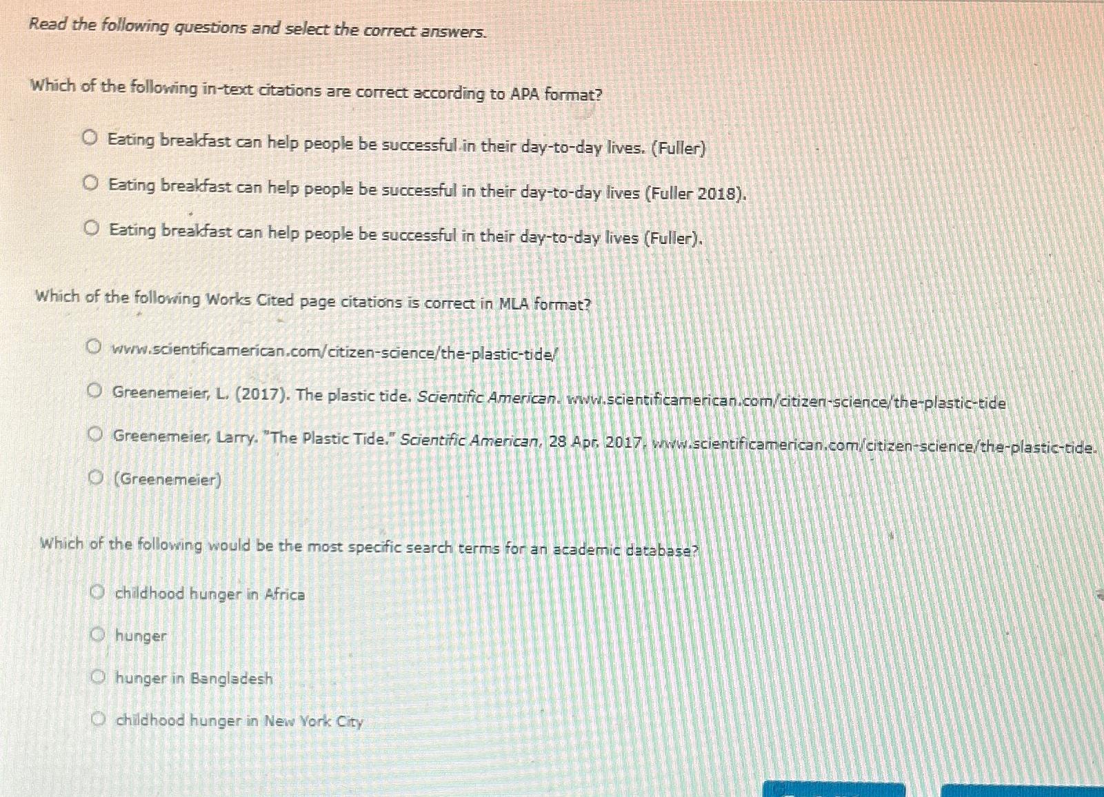 Solved Read the following questions and select the correct | Chegg.com