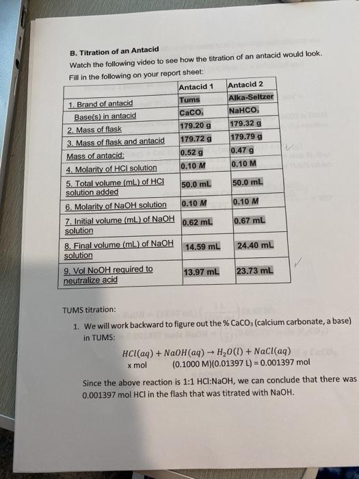 Solved B. Titration of an Antacid Watch the following video | Chegg.com