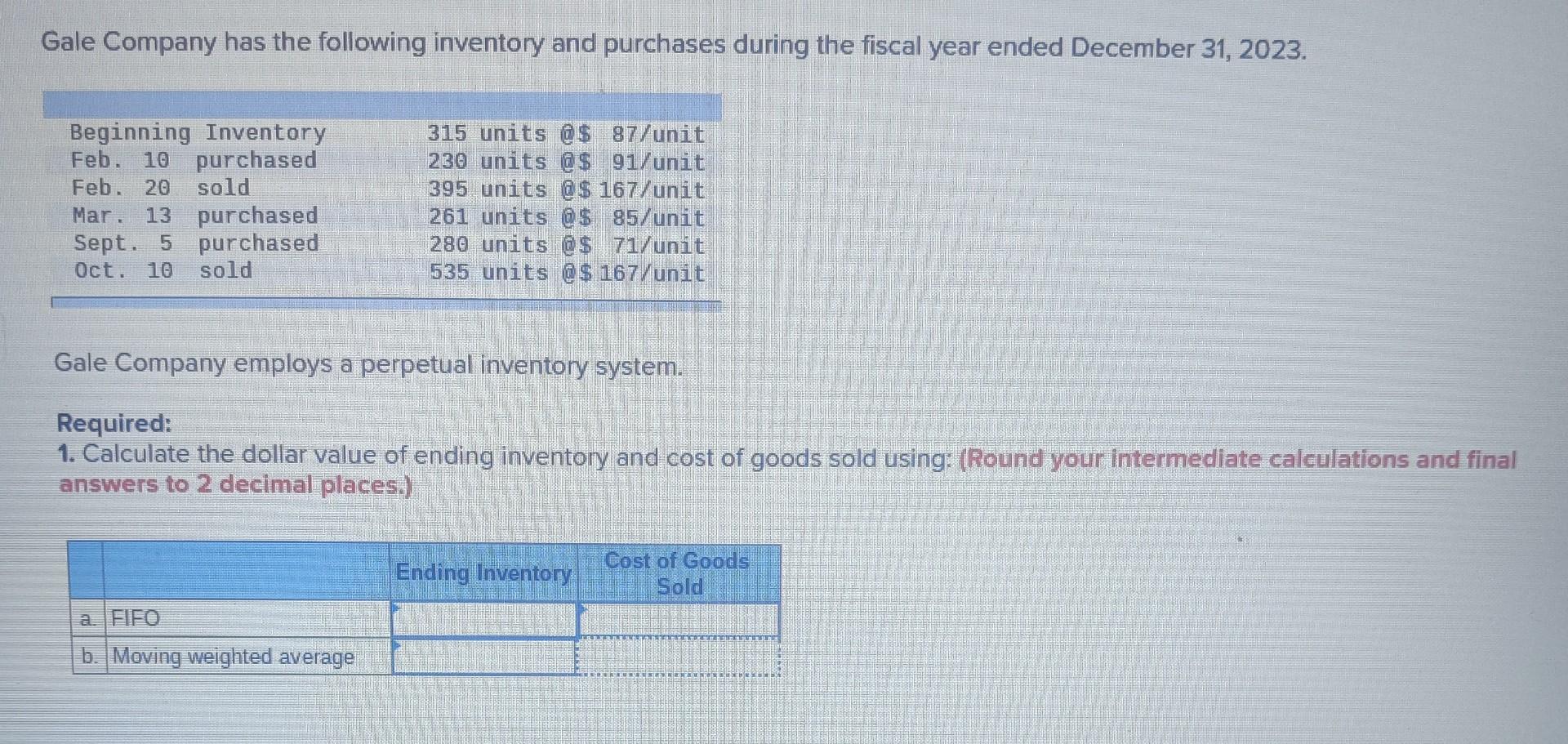 Solved Gale Company has the following inventory and | Chegg.com