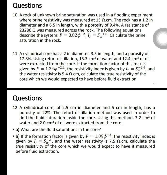 Solved Questions 10. A rock of unknown brine saturation was | Chegg.com