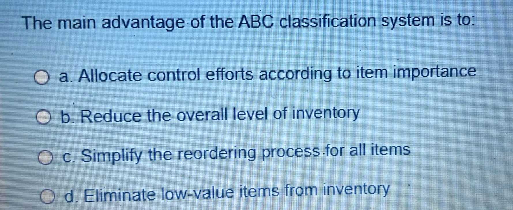 Solved The main advantage of the ABC classification system | Chegg.com