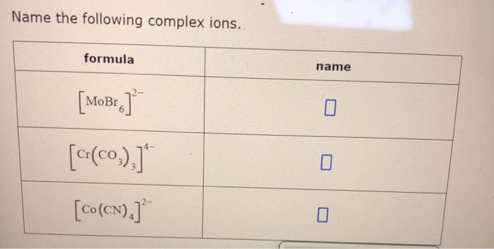 Solved Name the following complex ions. formula name | Chegg.com