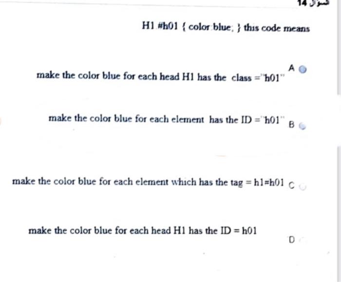 Solved H1 th01 { color blue; } this code means make the | Chegg.com