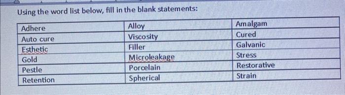Solved Using the word list below, fill in the blank | Chegg.com