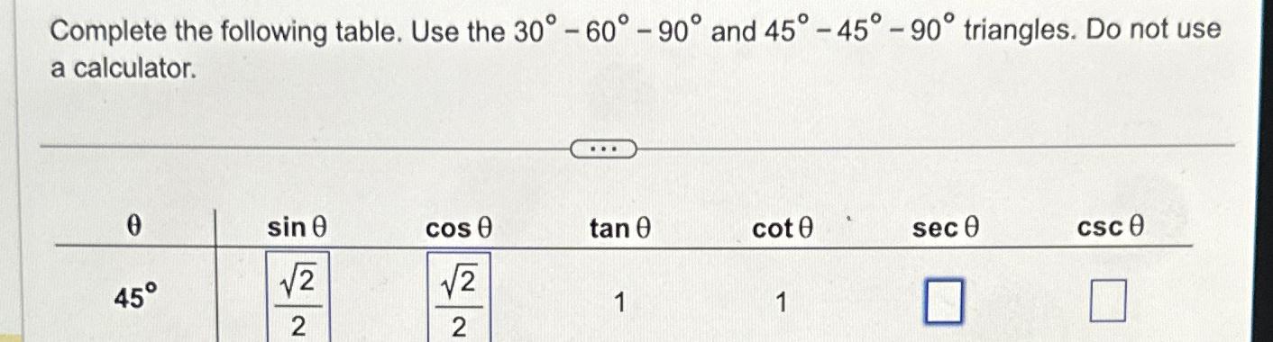 Solved Complete the following table. Use the 30°-60°-90° | Chegg.com