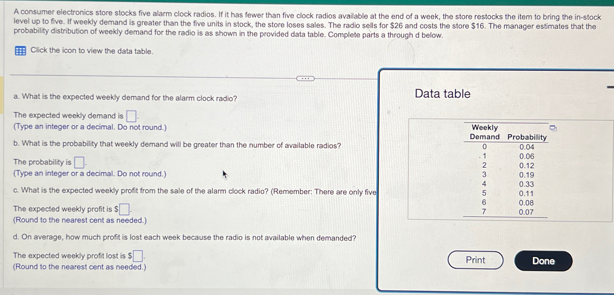 Solved A consumer electronics store stocks five alarm clock | Chegg.com