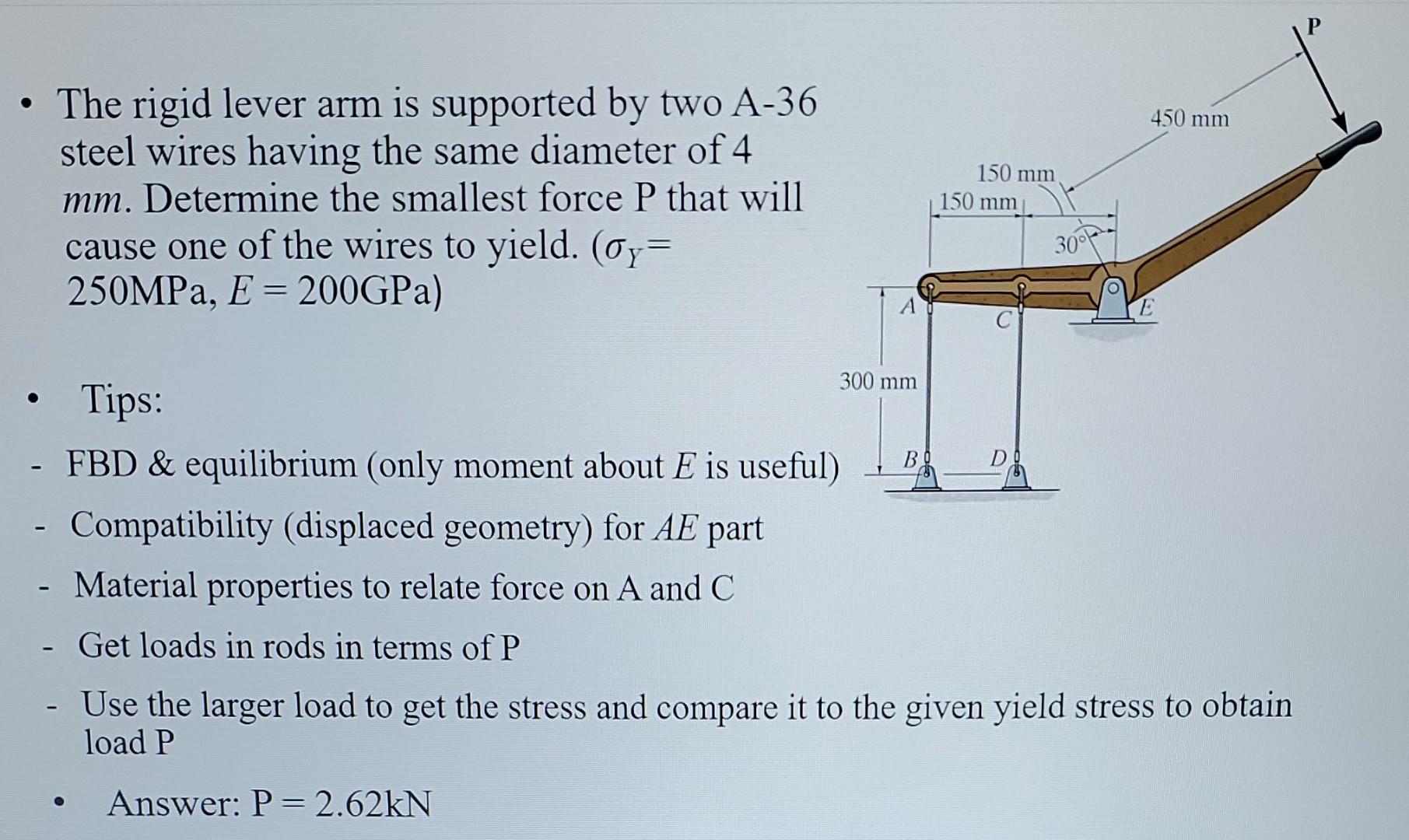 Solved - The rigid lever arm is supported by two A-36 steel | Chegg.com