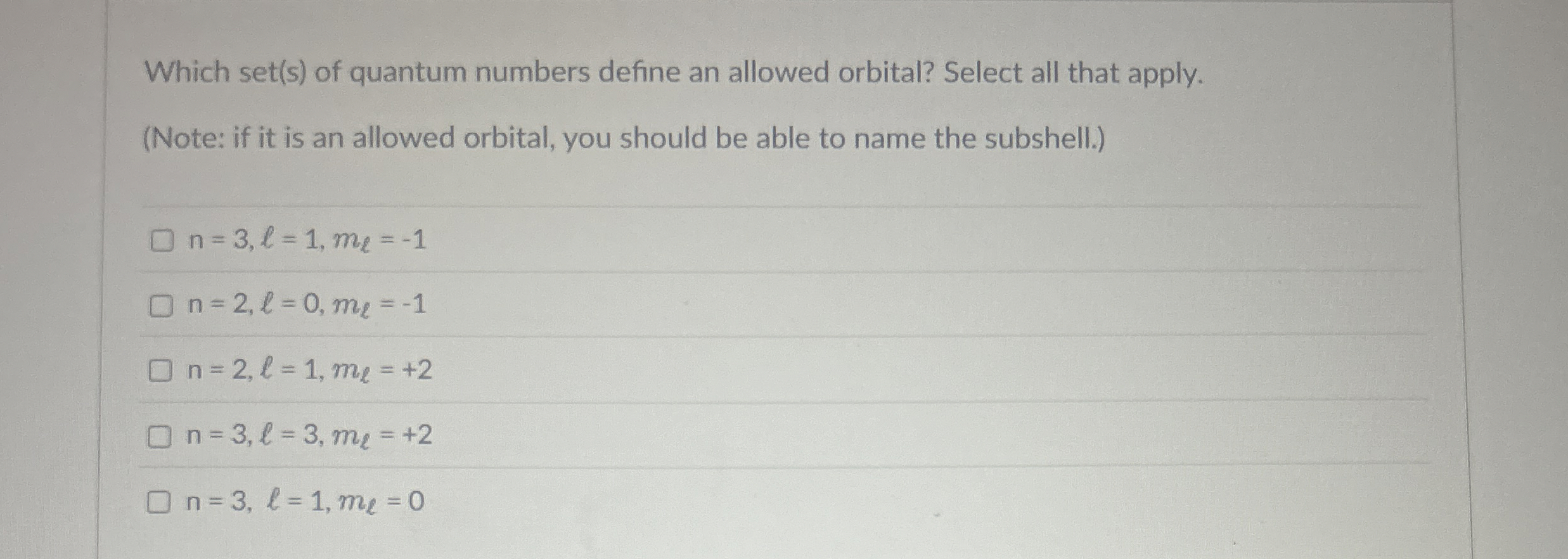 Solved Which set(s) ﻿of quantum numbers define an allowed | Chegg.com
