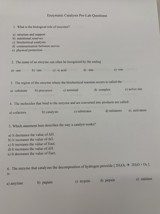 Solved Enzymatic Catalysis Pre-Lab Questions 1. What is the | Chegg.com
