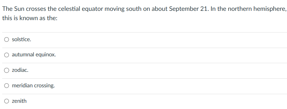 Solved The Sun crosses the celestial equator moving south on | Chegg.com