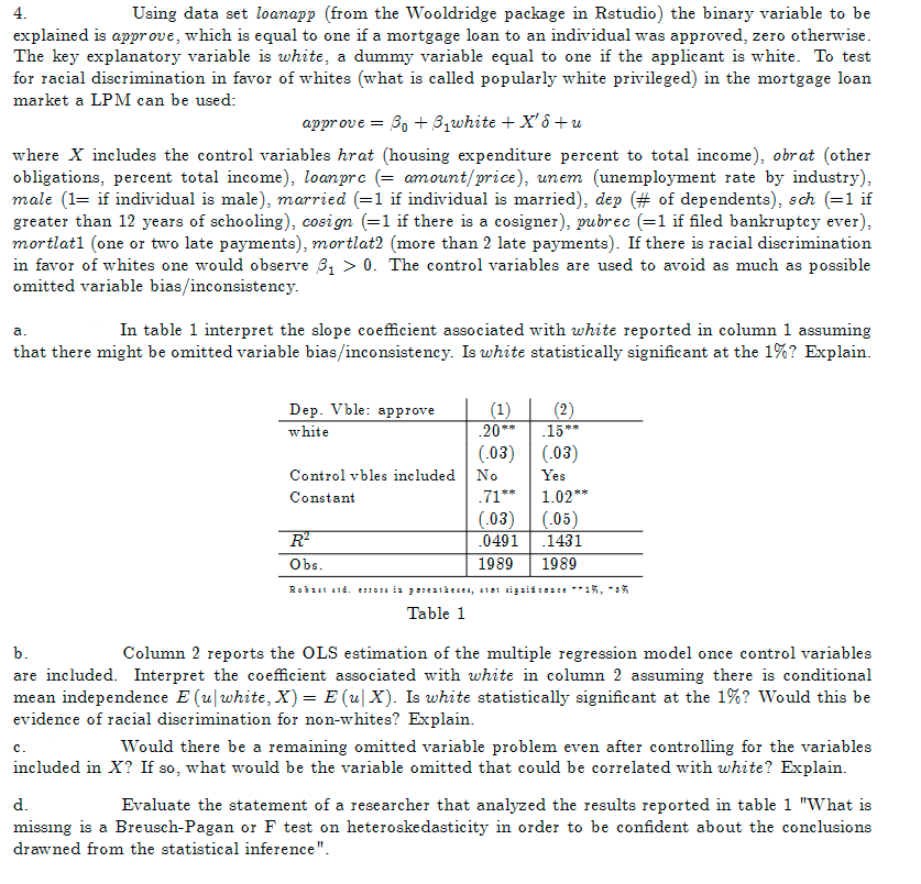 Solved Using data set loanapp (from the Wooldridge package | Chegg.com