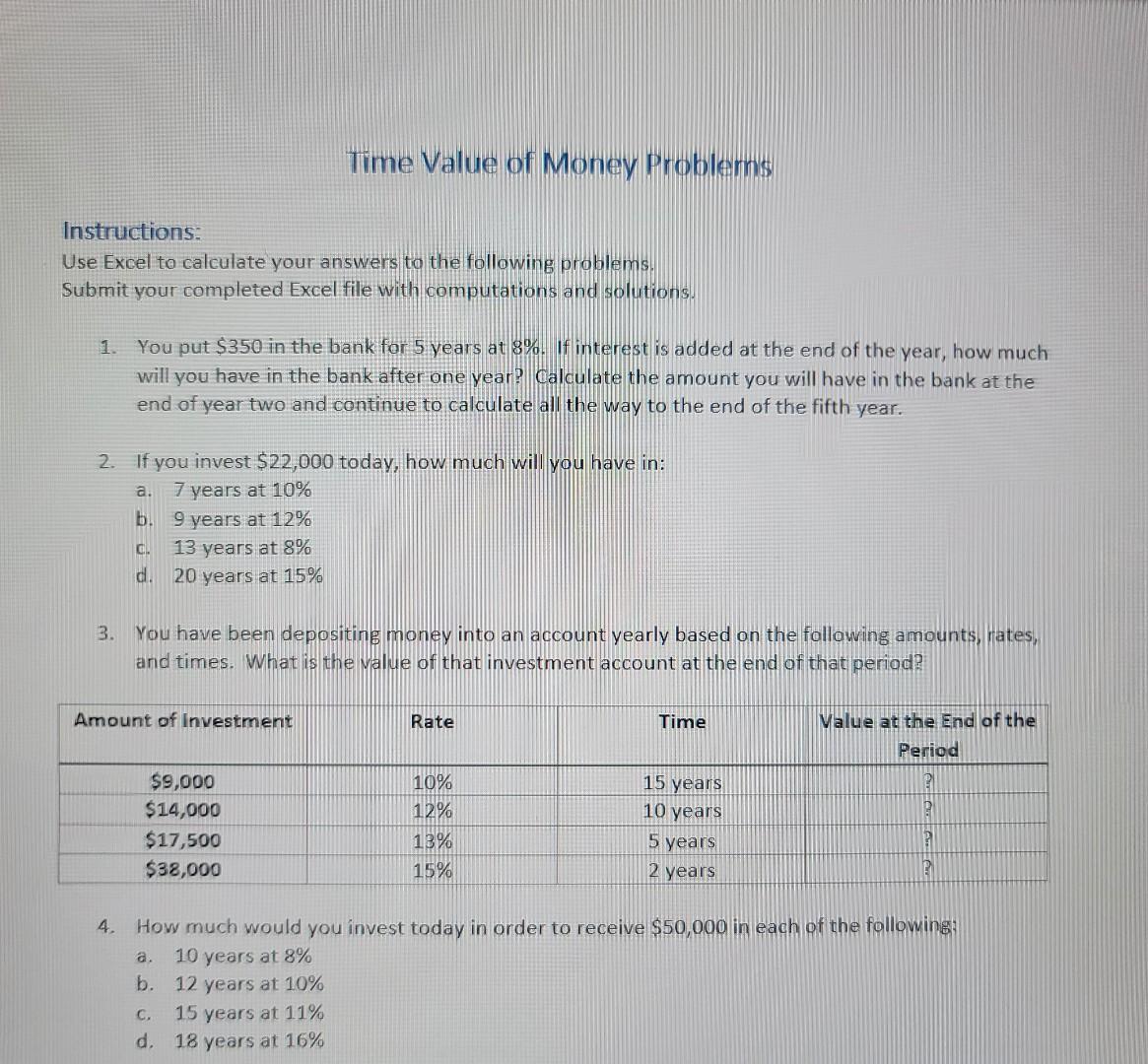 Solved Time Value of Money Problemns Instructions: Use Excel | Chegg.com