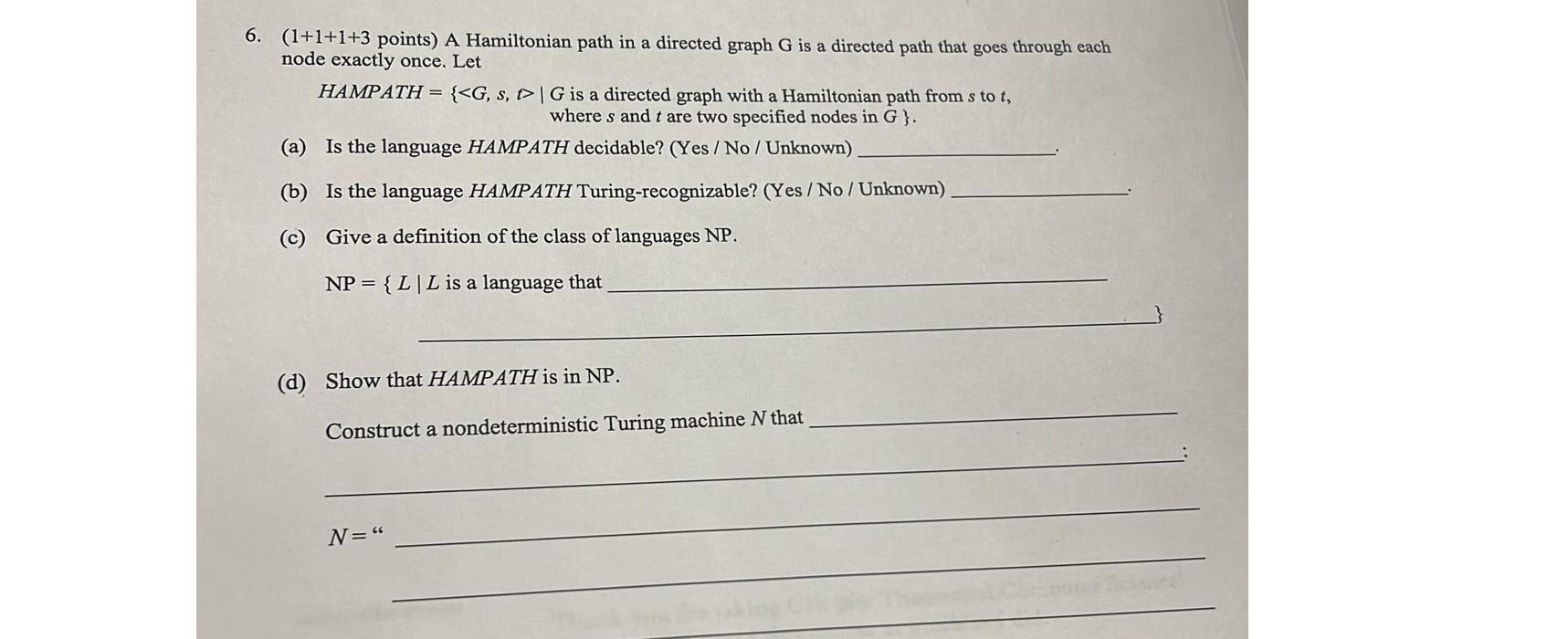 Solved ( 1+1+1+3 ﻿points) ﻿A Hamiltonian path in a directed | Chegg.com