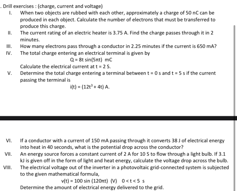 Solved Drill exercises : (charge, ﻿current and voltage)I. | Chegg.com