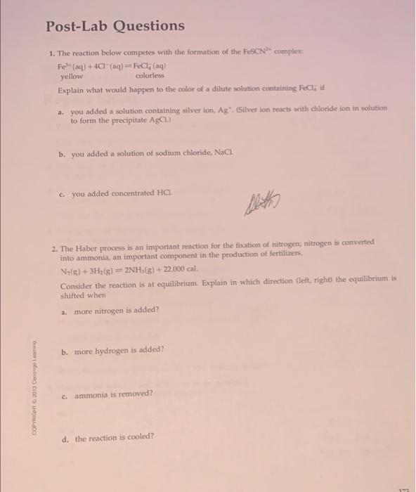 Solved EXPERIMENT 15 Pre-Lab Questions 1. For the reaction | Chegg.com